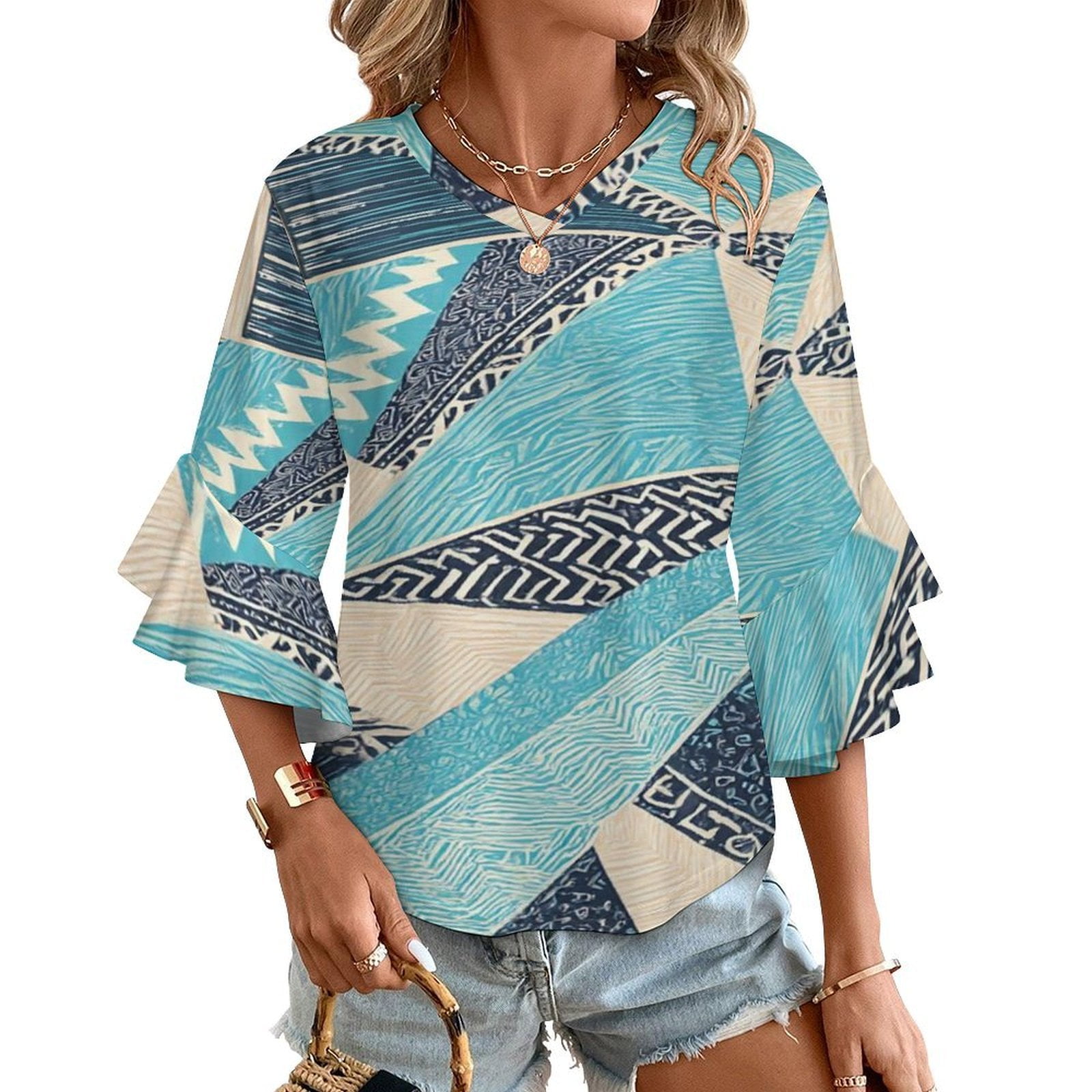 Abstract Teal Geometric Pattern Women's V-Neck Blouse With 3/4 Ruffled ...