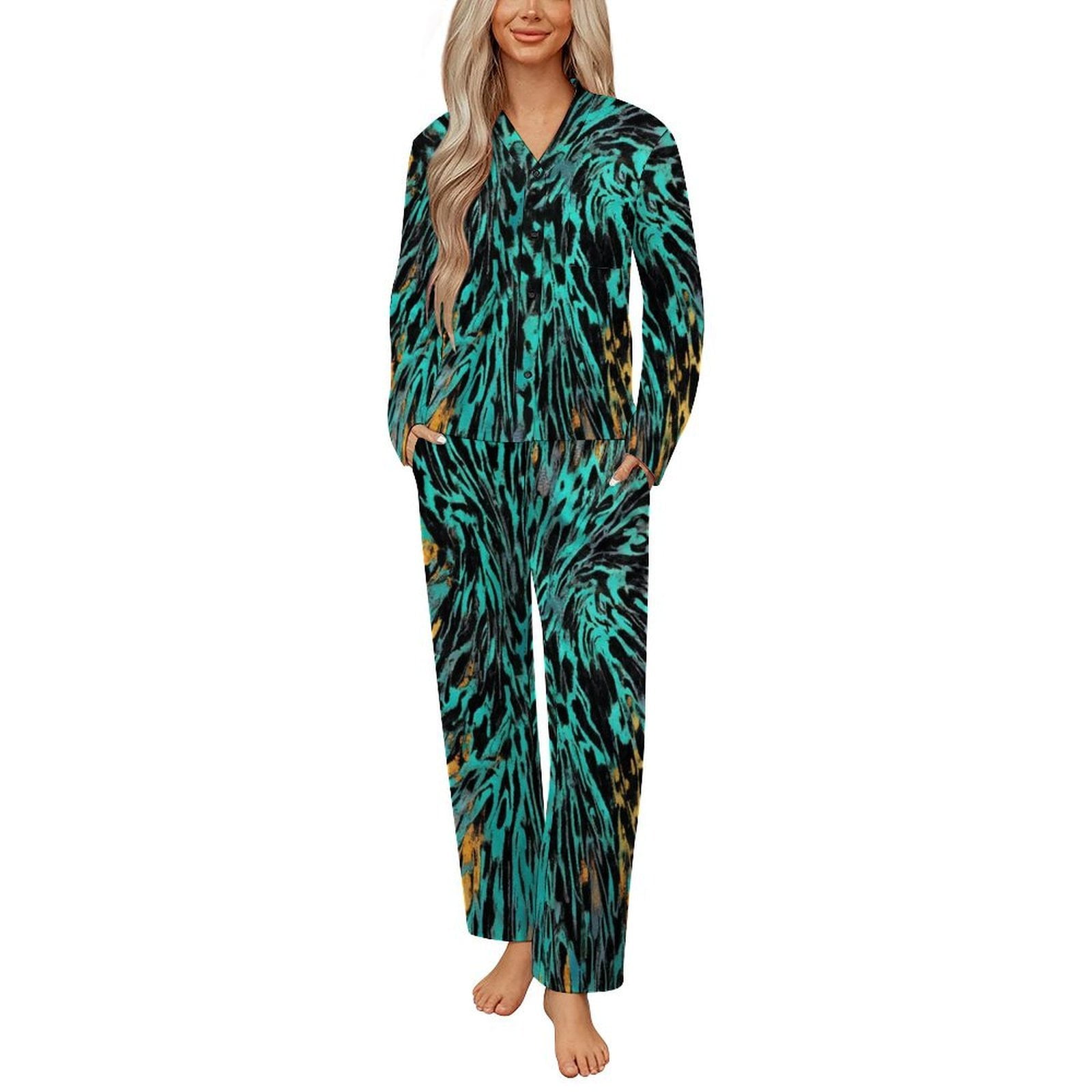 Abstract Teal Gold Animal Print Womens Pyjamas Set Button Up Pyjamas ...
