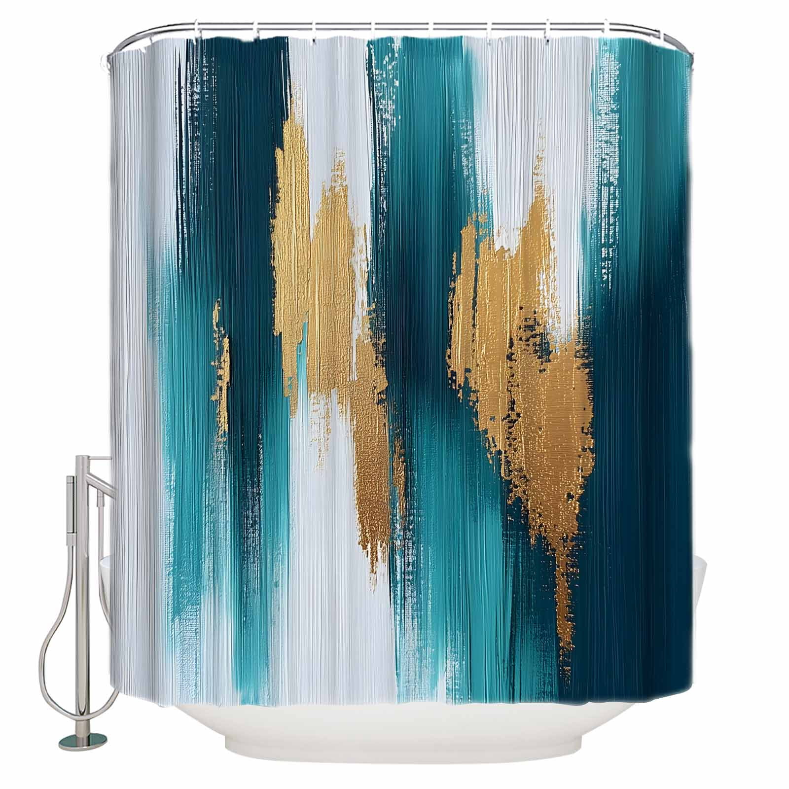 Abstract Teal Gold Bathroom Shower Curtains with 12 Hooks Polyester ...