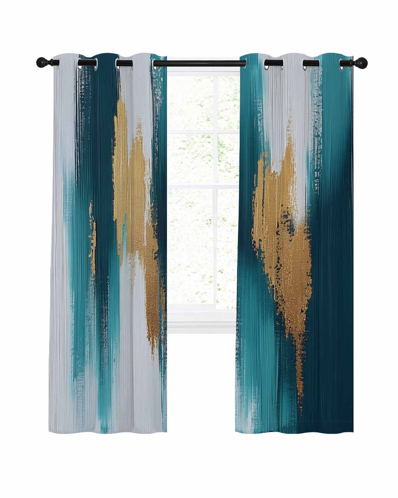 Abstract Teal Gold Blackout Curtains 63 Inches Long for Bedroom, Green ...