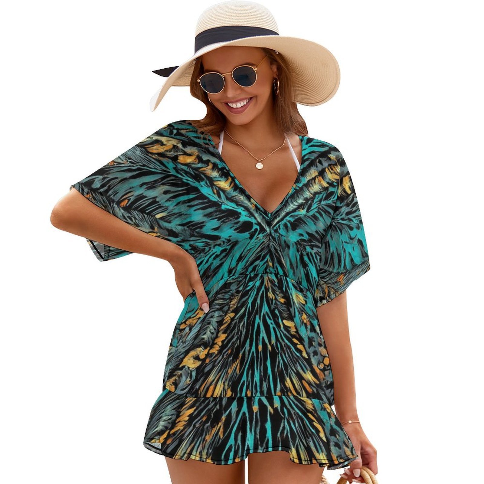 Abstract Teal Gold Fractal Art Beach Cover Ups Women V Neck Short ...