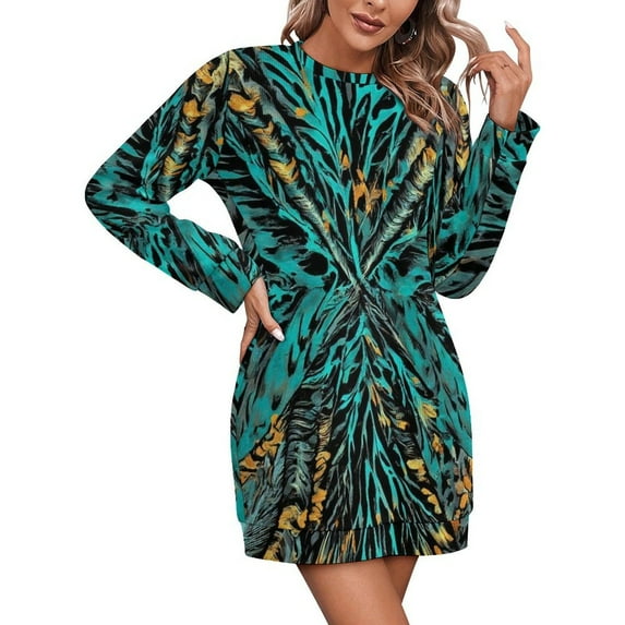 Abstract Teal Gold Fractal Art Women Elegant Long Sleeve Warm Dress ...
