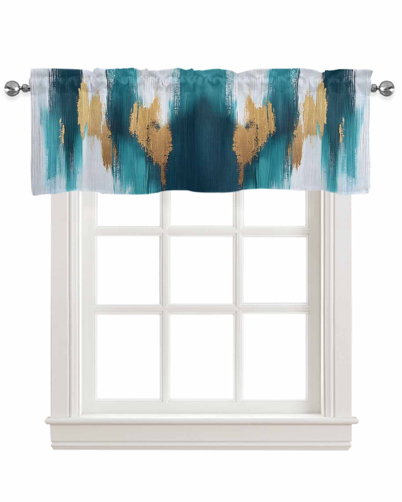 Abstract Teal Gold Kitchen Valances for Windows Farmhouse Linen Window ...