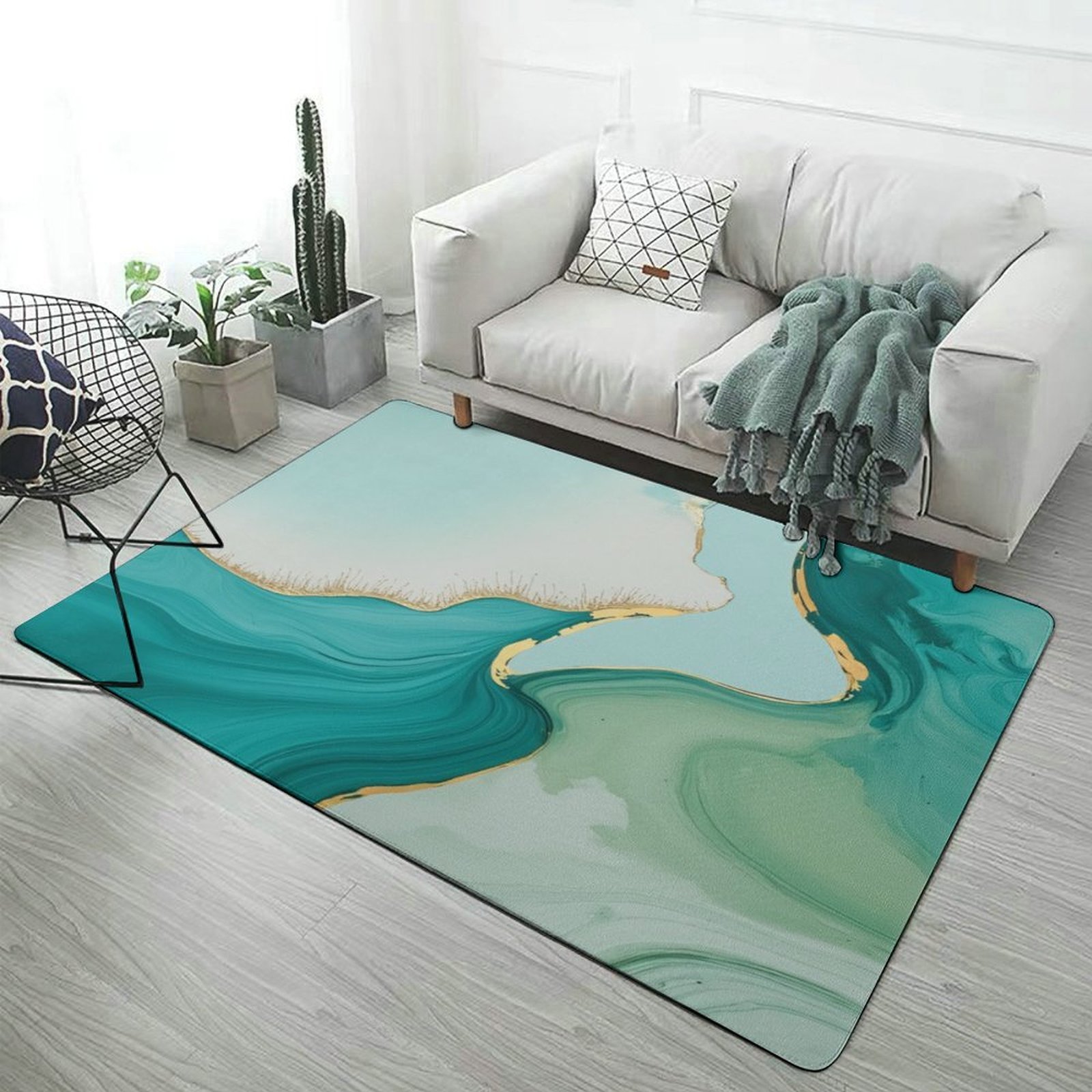 Abstract Teal Gold Marble Art Carpet Style Living Room Bedroom Rug Soft ...
