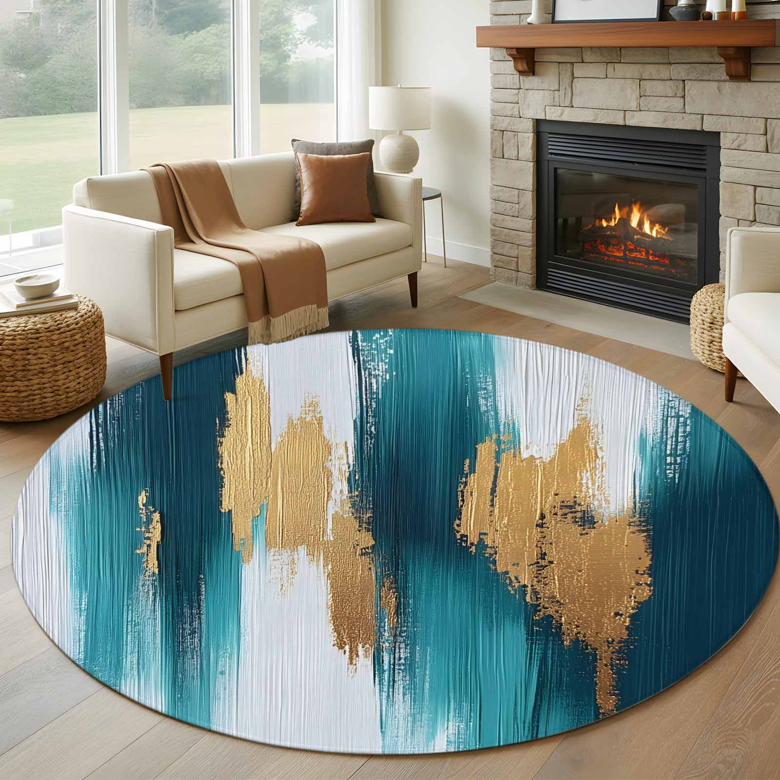Abstract Teal Gold Round Area Rug 6 FT, Non Slip Bedroom Rugs, Green ...