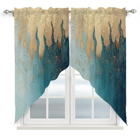 Abstract Teal Gold Swag Curtain Valance for Window 2 Panels Shinny Gold ...