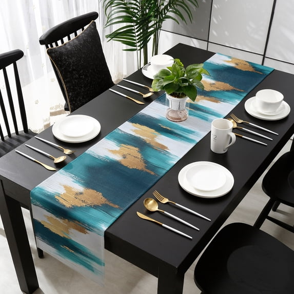 Abstract Teal Gold Table Runner 90 Inches Long - Green White Wall Art ...