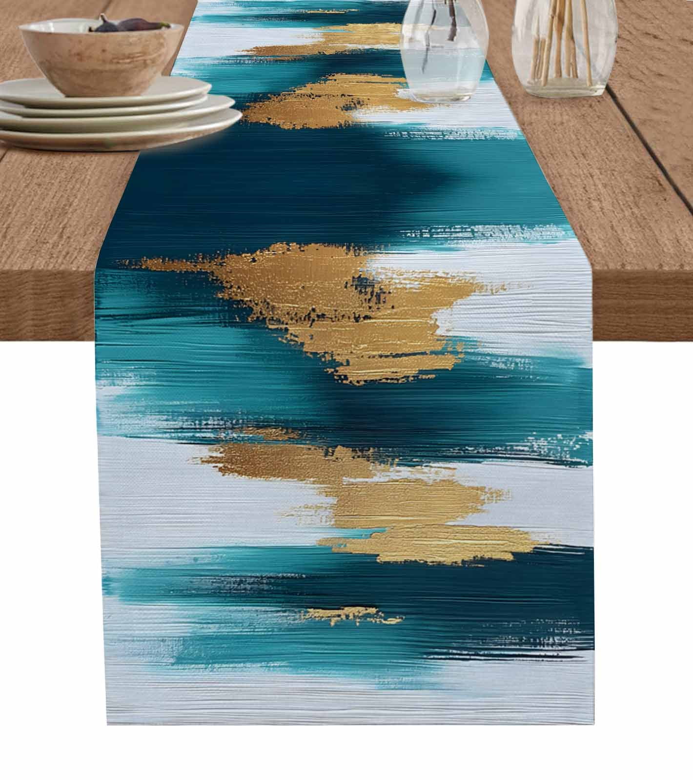 Abstract Teal Gold Table Runner Cotton Linen 36 Inch Holiday Dresser ...