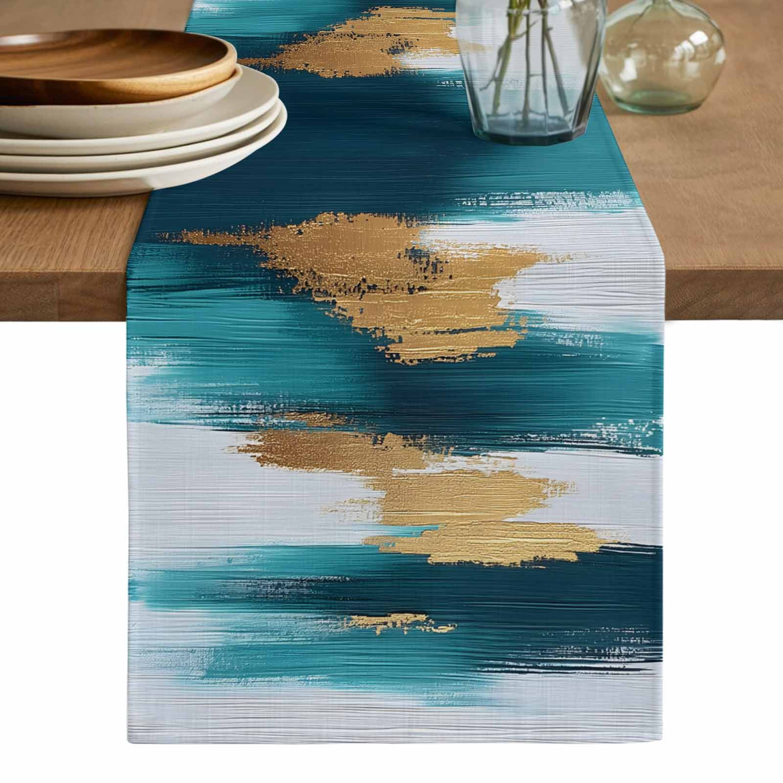 Abstract Teal Gold Table Runner, Green White Wall Art Textured Washable ...