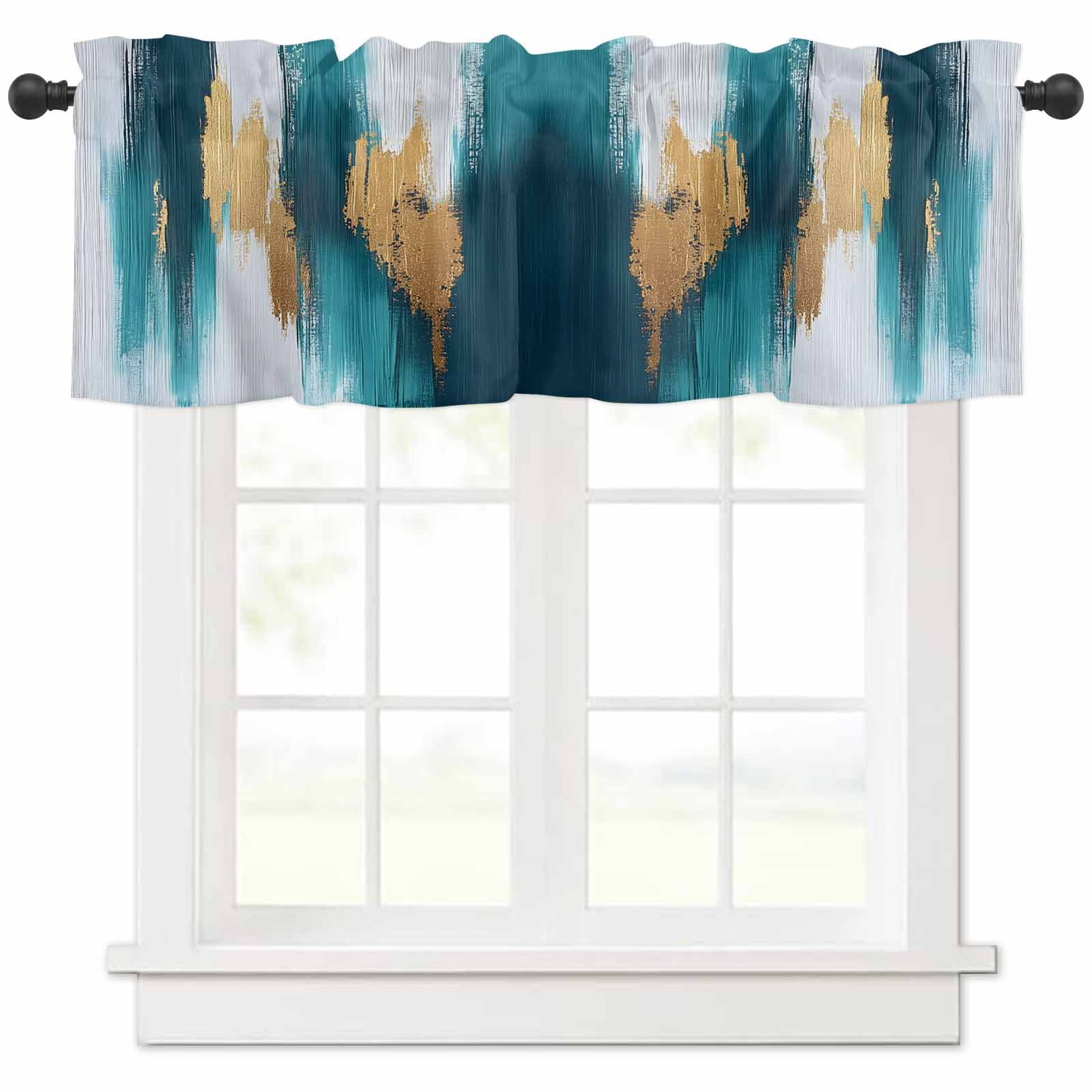 Abstract Teal Gold Valances for Windows Farmhouse Kitchen Curtains ...