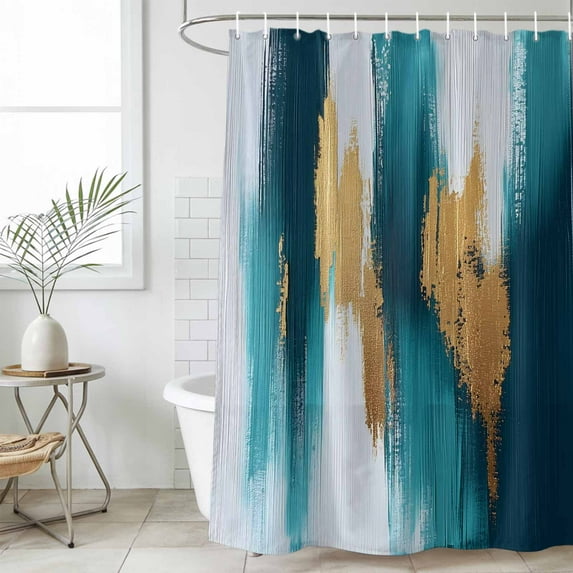 Abstract Teal Gold Waterproof Fabric Shower Curtain,Green White Wall ...