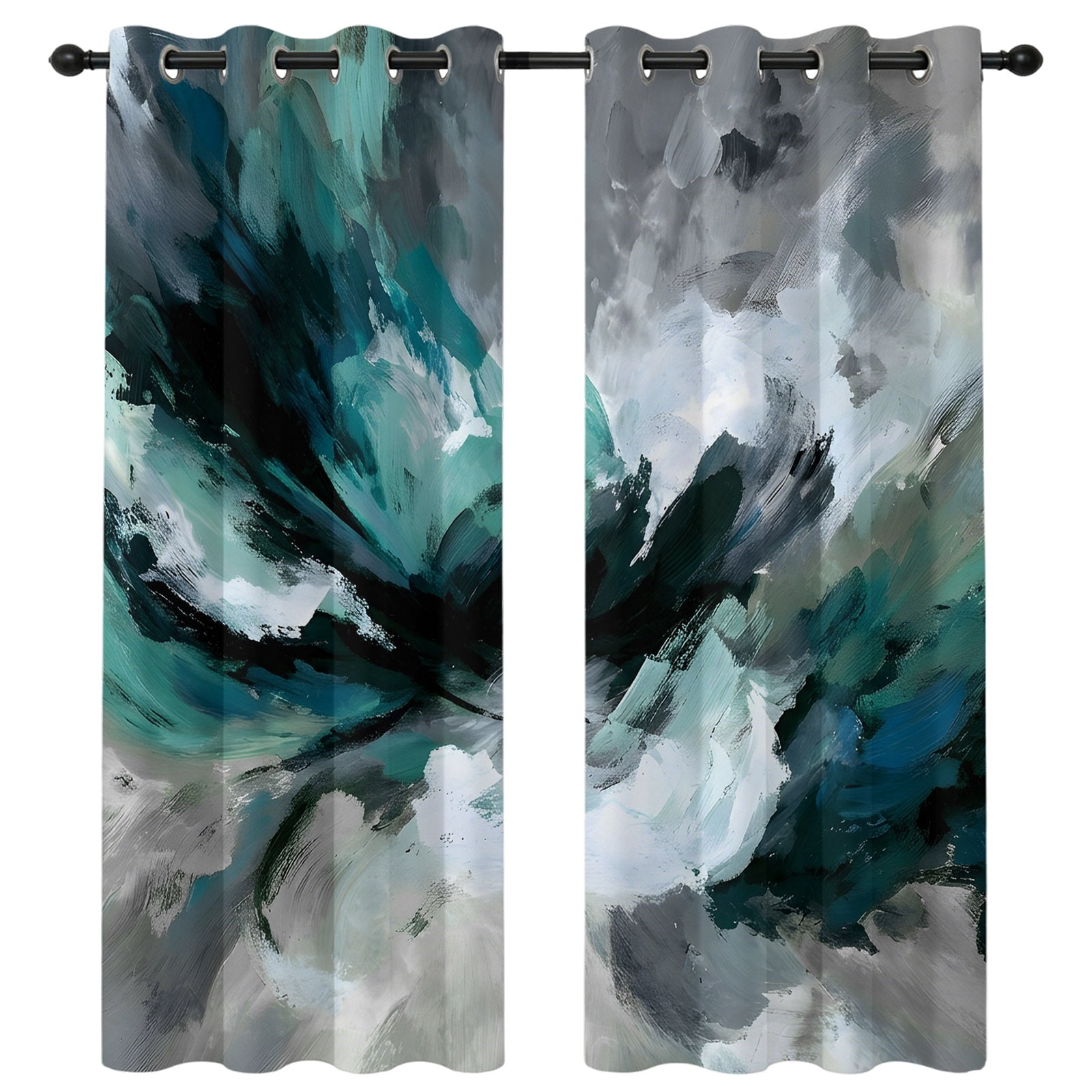 Abstract Teal Gray Blackout Curtains 96 Inches Long, Modern Minimalist ...