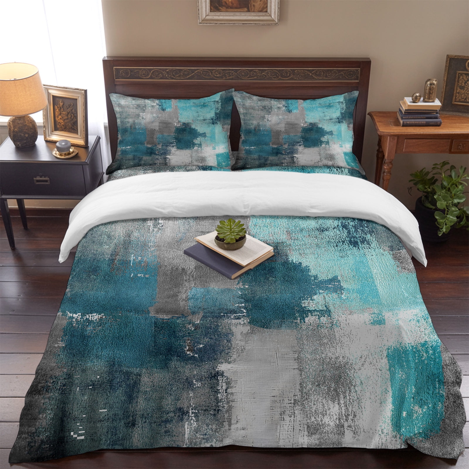 Abstract Teal Gray Color Block Queen Size Bed Set,Retro Shabby Wall ...