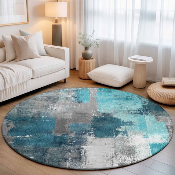 Abstract Teal Gray Color Block Round Rug 5ft Retro Shabby Wall Texture ...