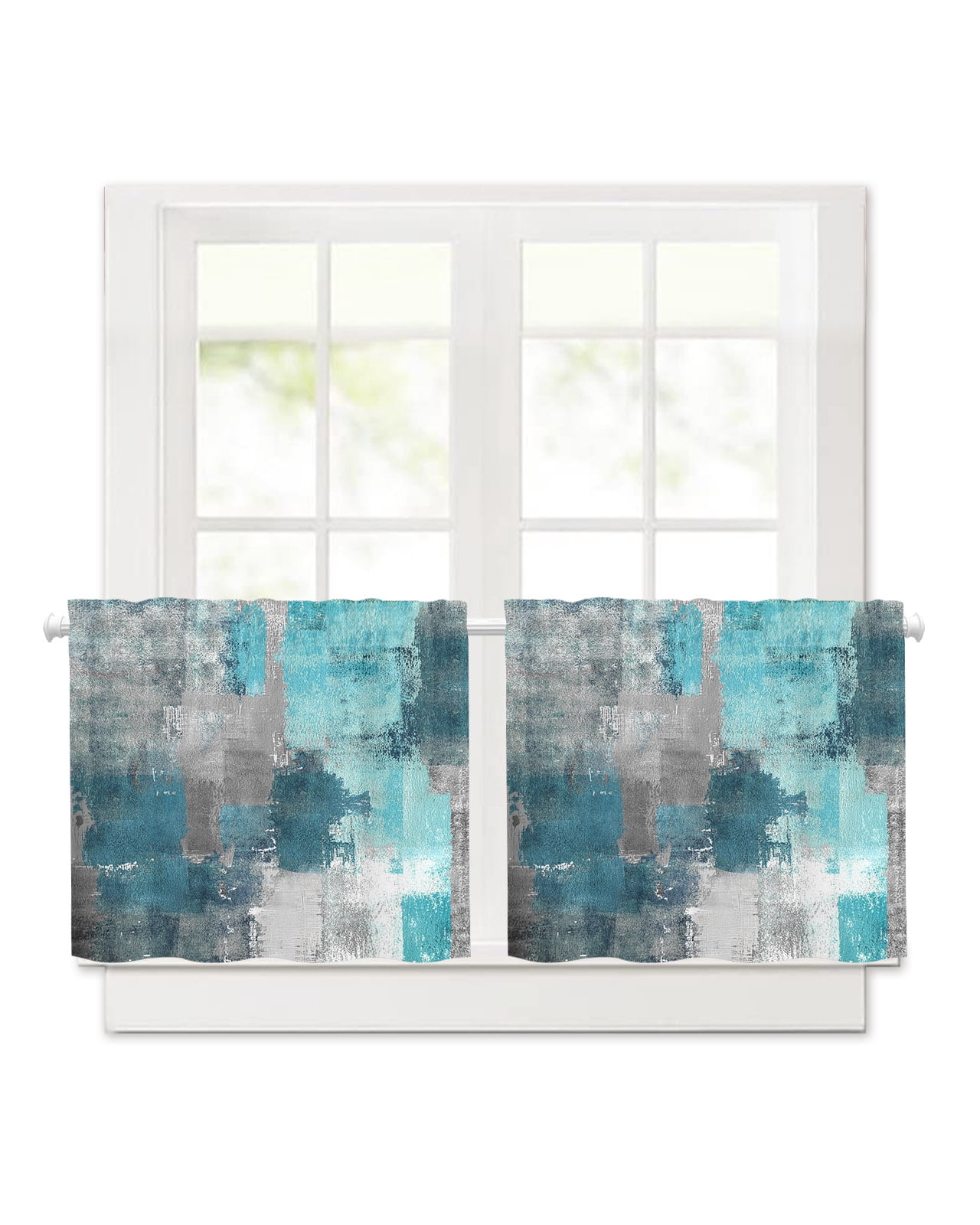 Abstract Teal Gray Color Block Short Blackout Curtains 30 Inch Long ...