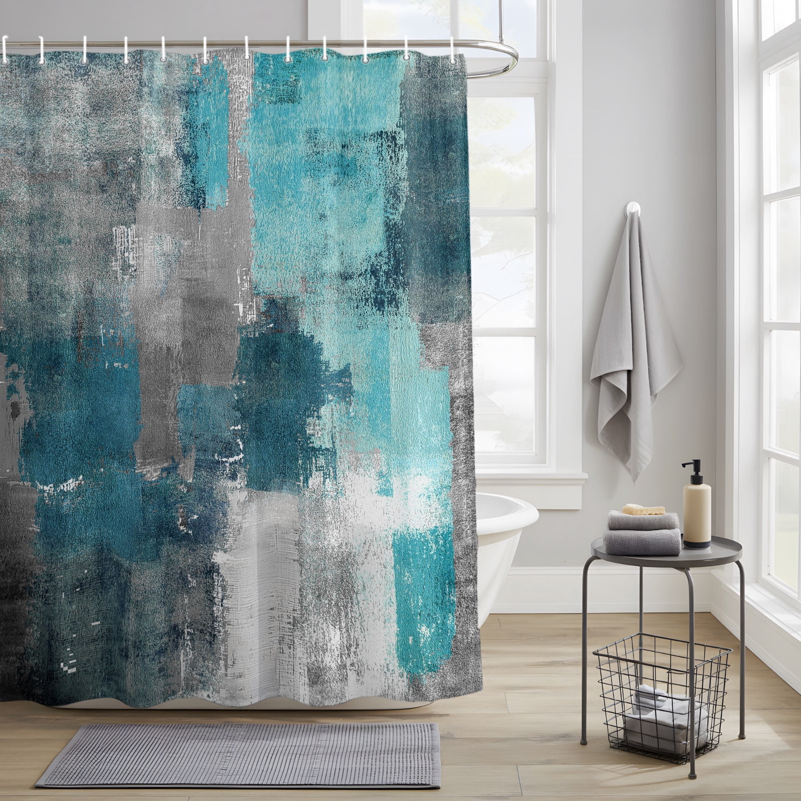 Abstract Teal Gray Color Block Shower Curtain Set, Waterproof Shower ...