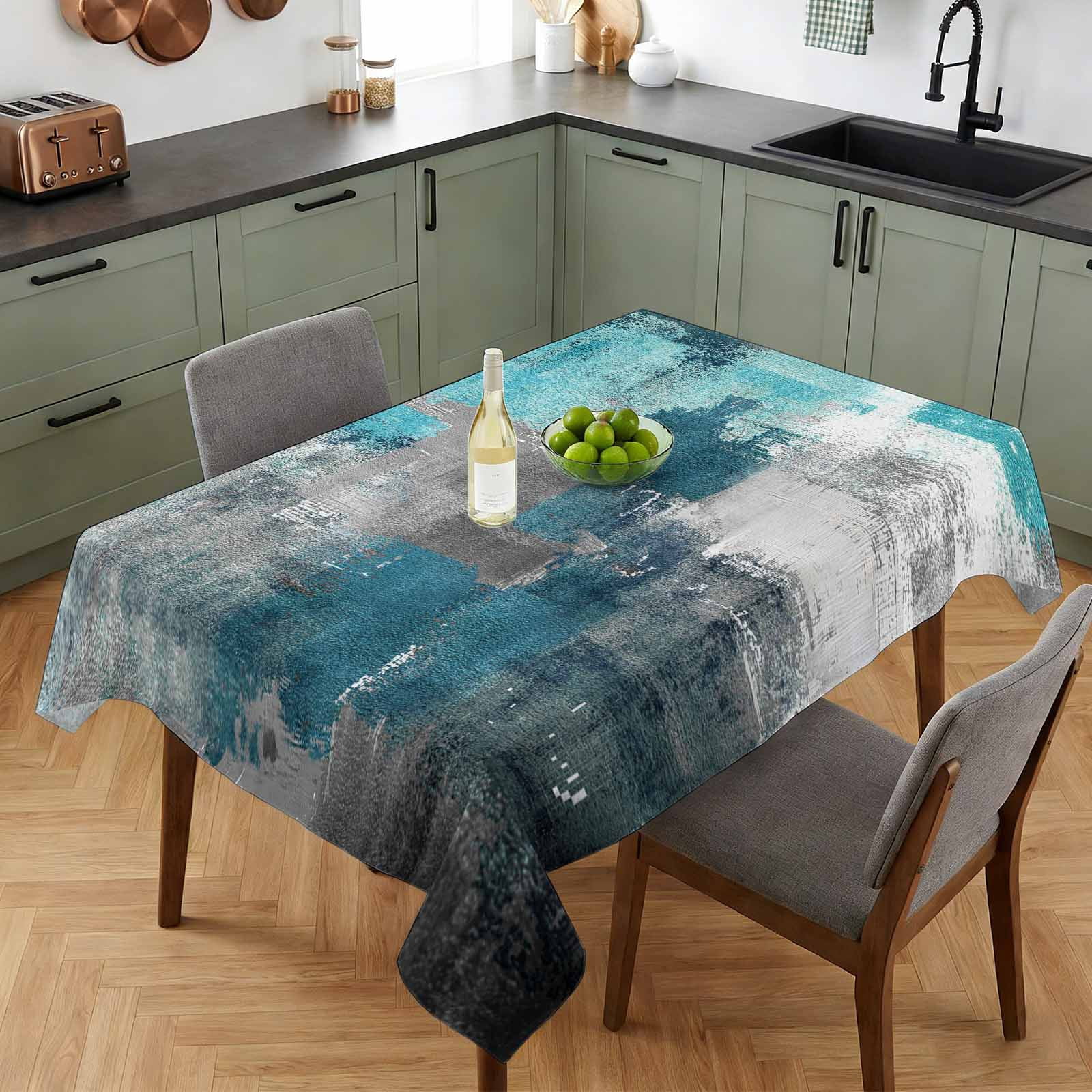 Abstract Teal Gray Color Block Table Cloth 52x70in, Waterproof ...