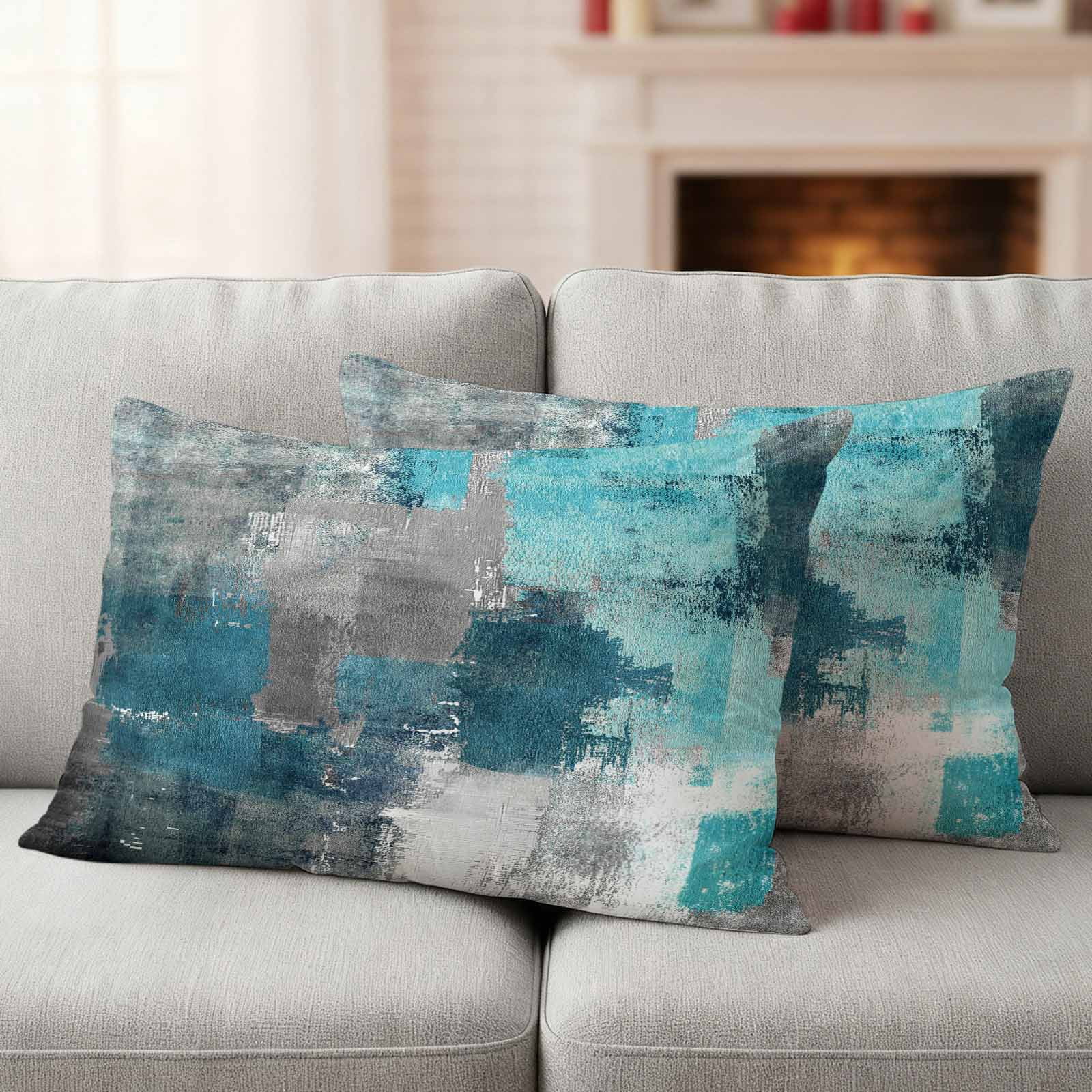 Abstract Teal Gray Color Block Waterproof Throw Pillow Covers Set of 2 ...