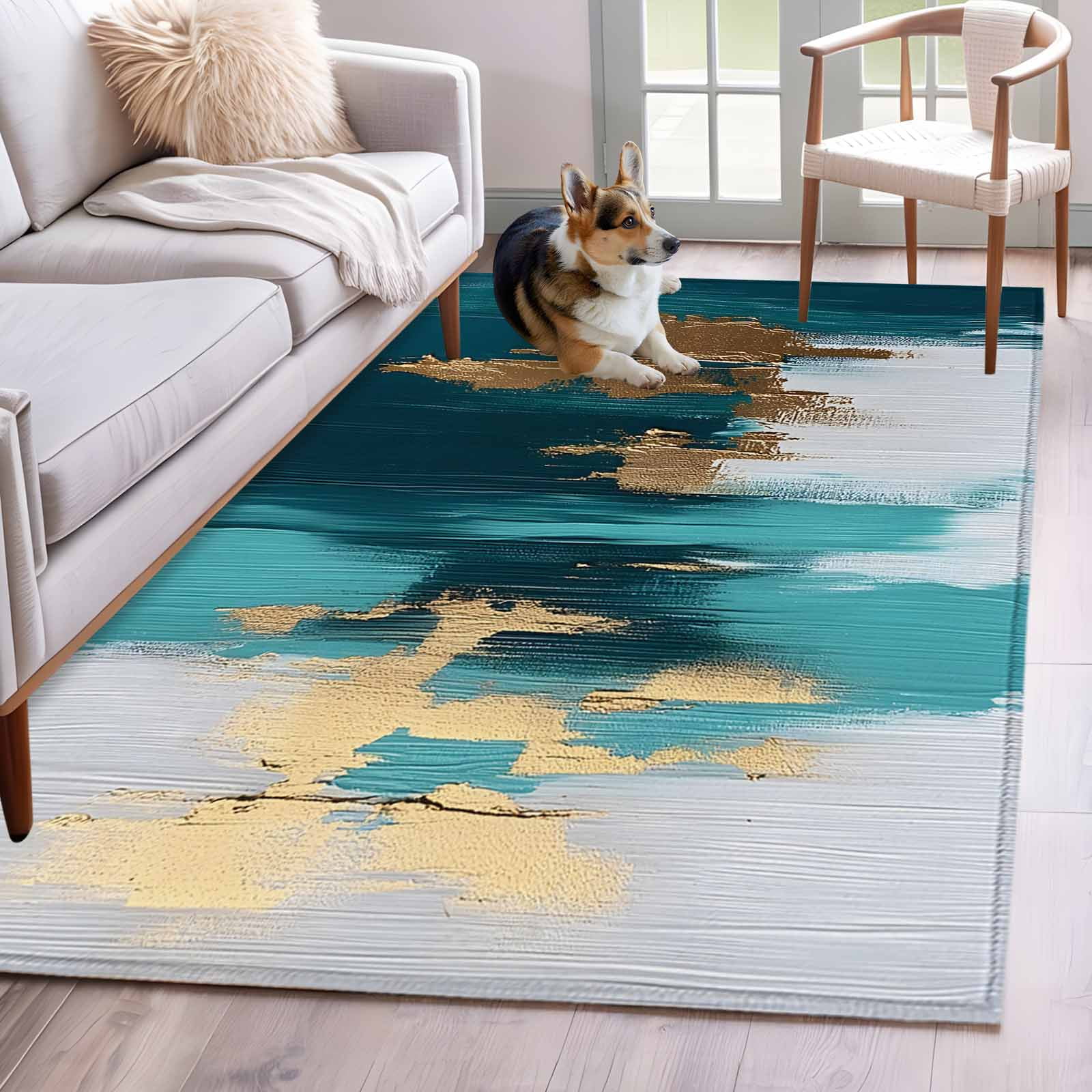 Abstract Teal Green Area Rug 3x5 Washable Rug Non Slip White Gold ...