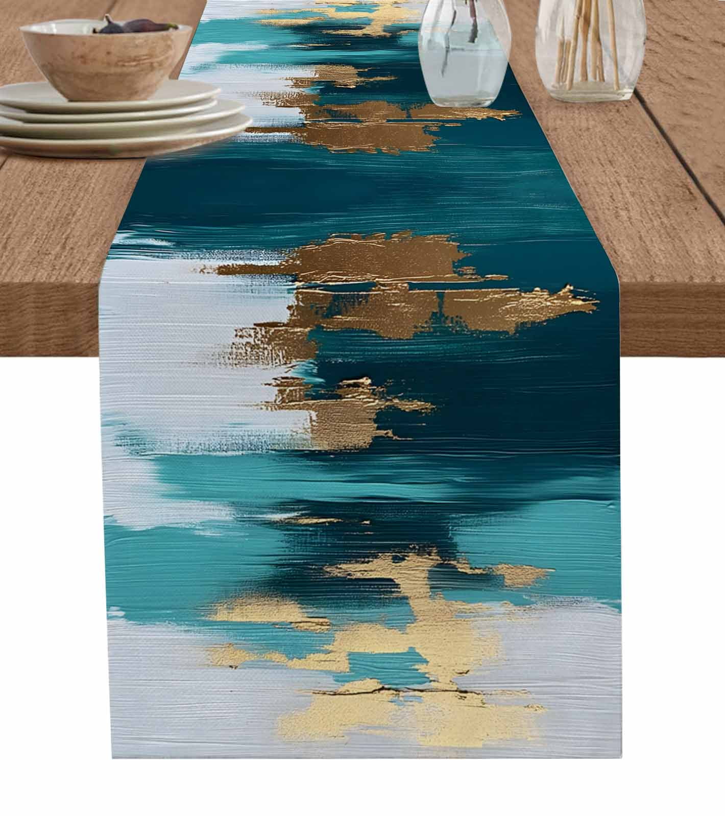 Abstract Teal Green Burlap Cotton Table Runner 18x72 Inches Long, White ...