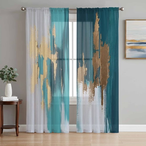 Abstract Teal Green Sheer Curtains 63 Inch Length 2 Panels Set, White ...