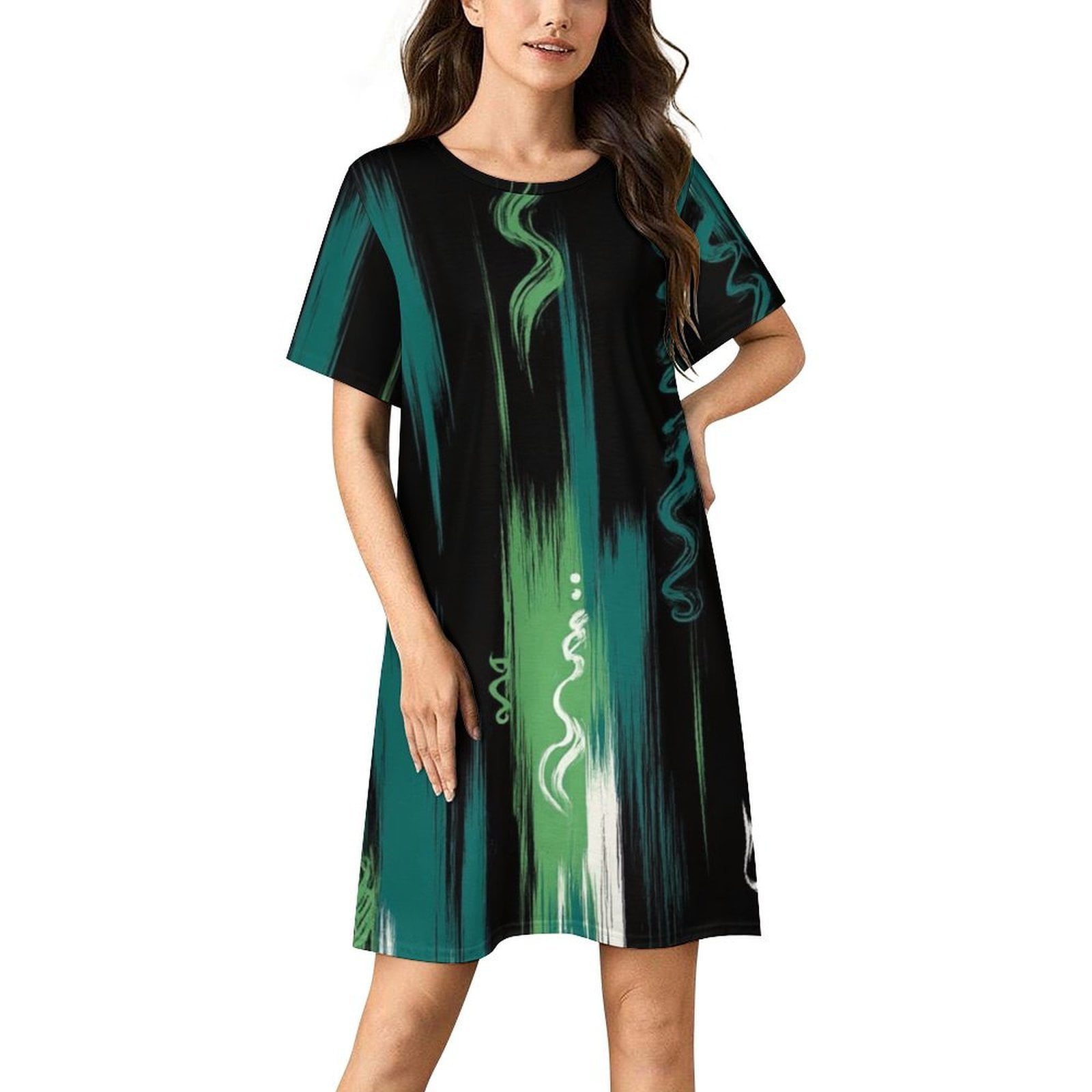 Abstract Teal Green Swirls Women Nightgown Sleepwear Short Sleeves For ...