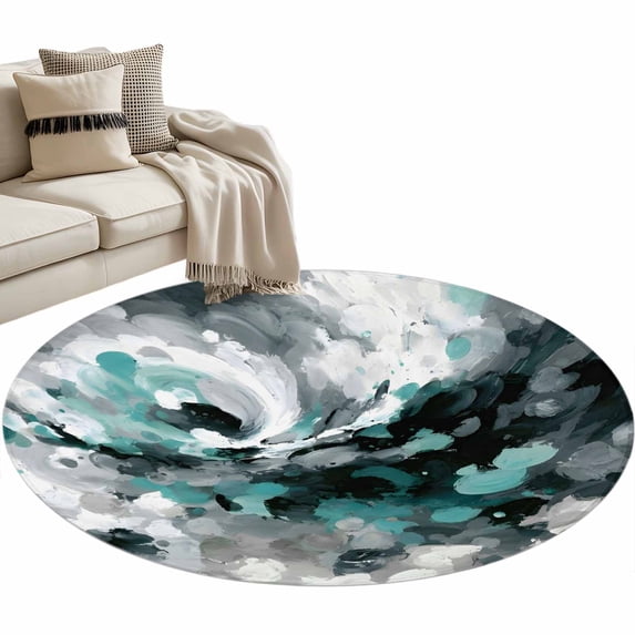 Abstract Teal Grey Round Rug 3.3ft Washable Circle Entryway Rugs Non ...