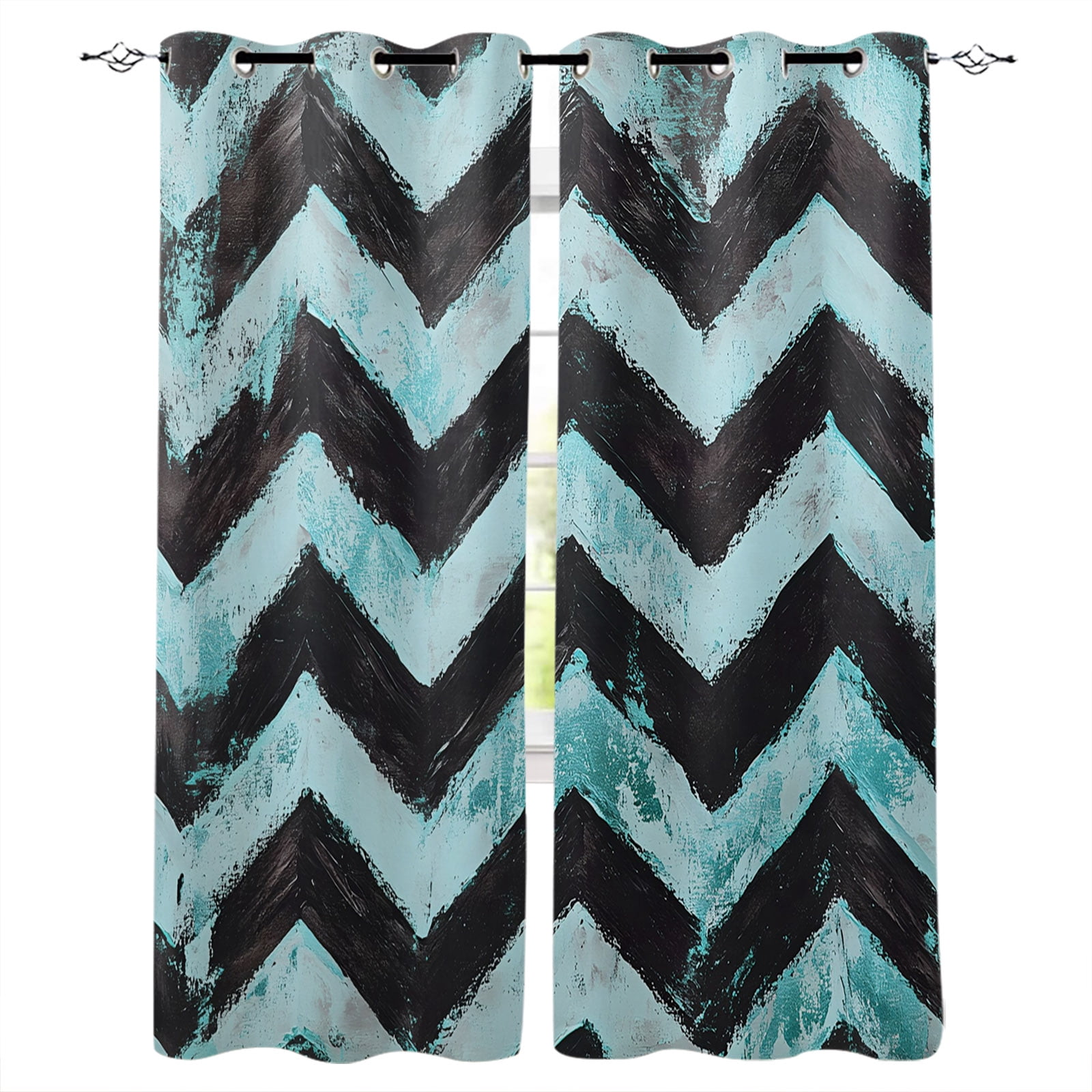 Abstract Teal Kitchen Curtains Geometric Zigzag Waves Bohemian Stripes ...