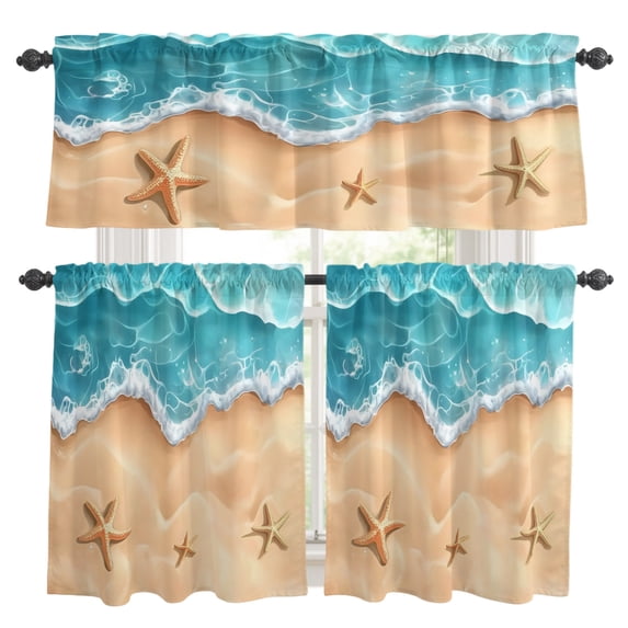 Abstract Teal Kitchen Curtains Set for Windows, Beach Starfish Sand ...