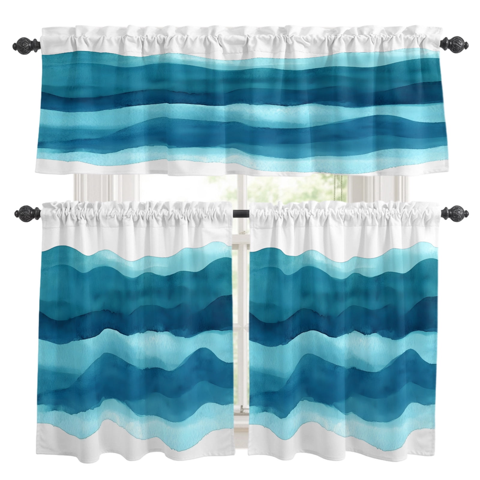 Abstract Teal Kitchen Curtains Valance and Tier Set Blue Gradient Waves ...
