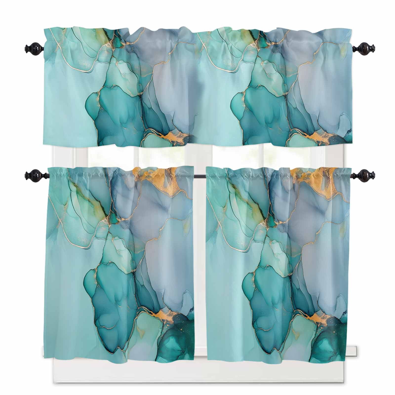 Abstract Teal Kitchen Curtains and Valances Set, Blue Gold Marble ...