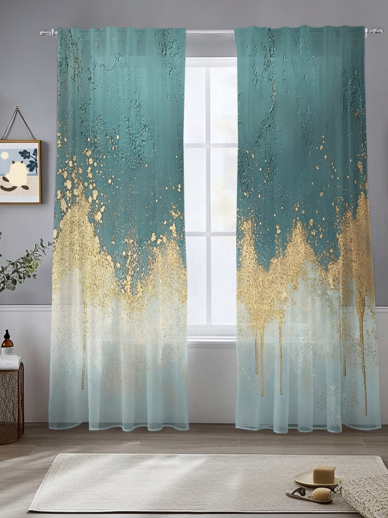 Abstract Teal Light Blue Color Block Chiffon Sheer Curtains 84 Inches ...