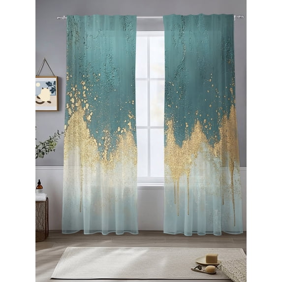 Abstract Teal Light Blue Color Block Chiffon Sheer Curtains 84 Inches ...