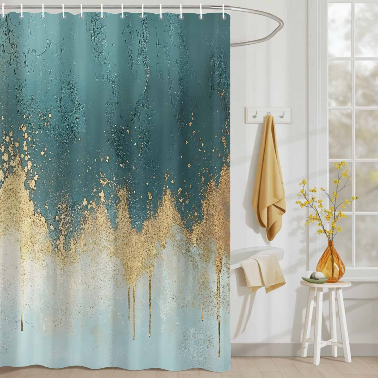 Abstract Teal Light Blue Color Block Shower Curtain Set, Waterproof ...