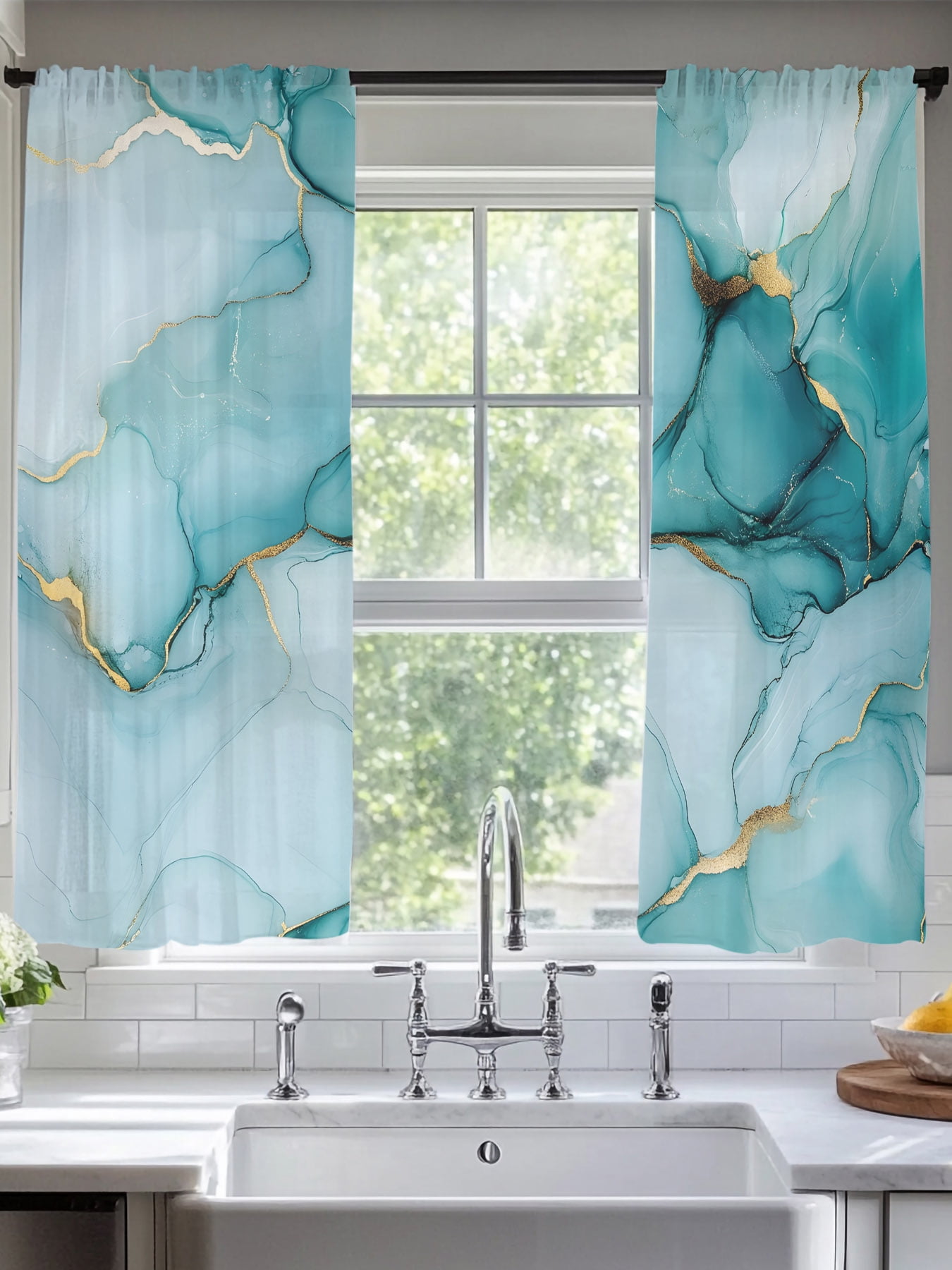 Abstract Teal Marble Gold Stripe Chiffon Sheer Curtains 72 Inches Long ...