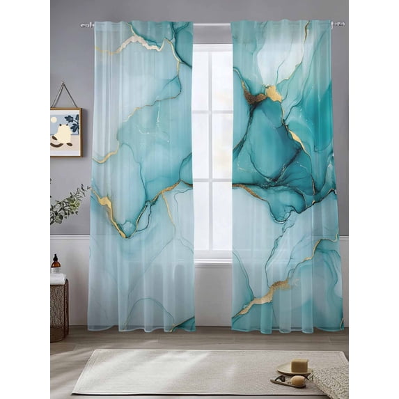 Abstract Teal Marble Gold Stripe Chiffon Sheer Curtains 84 Inches Long ...