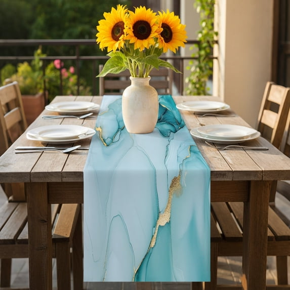 Abstract Teal Marble Gold Stripe Table Runner 90 Inch Long Natural ...