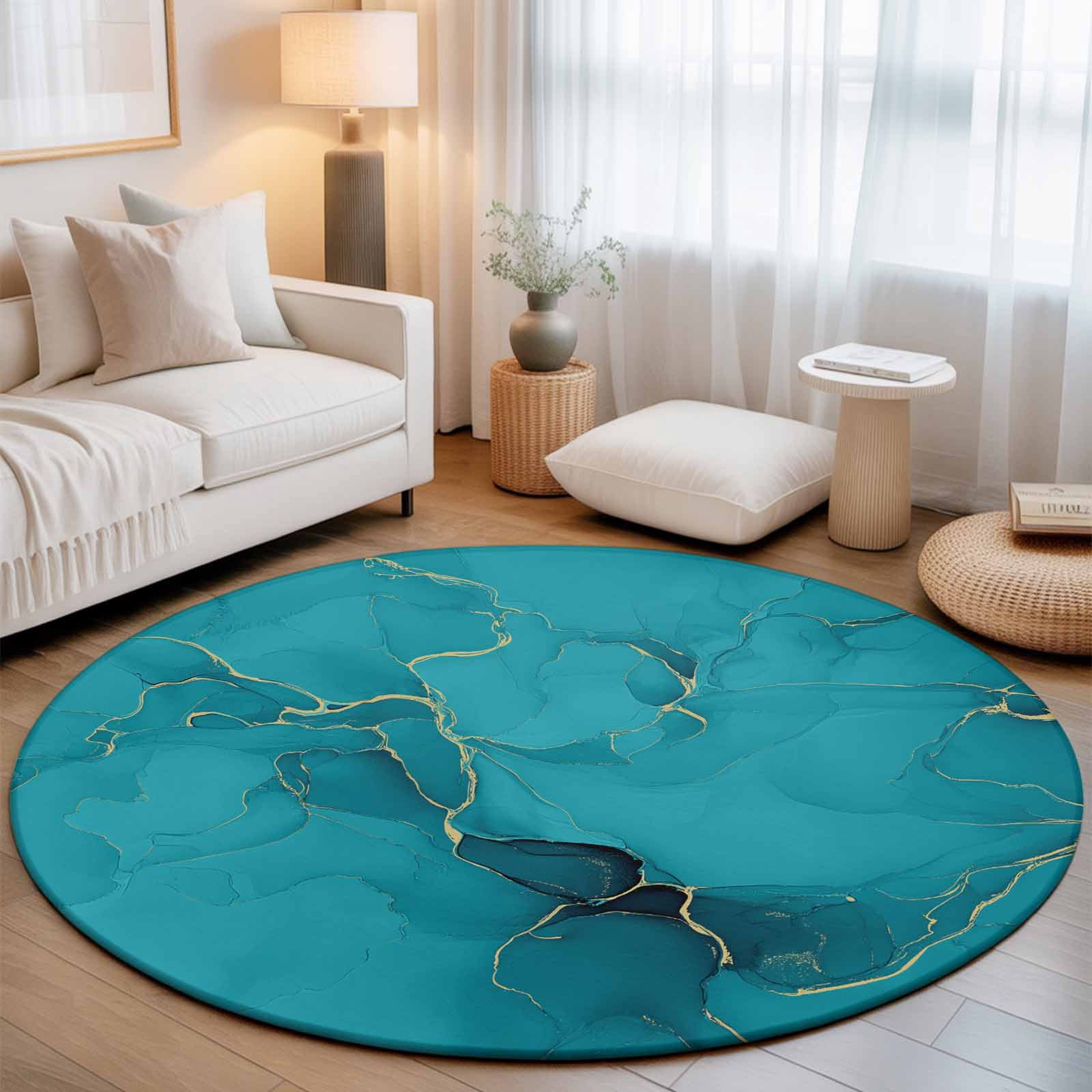 Abstract Teal Marble Liquid Texture Round Rug 5ft Modern Stone Art Gold ...