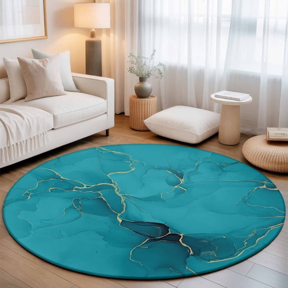 Abstract Teal Marble Liquid Texture Round Rug 5ft Modern Stone Art Gold ...