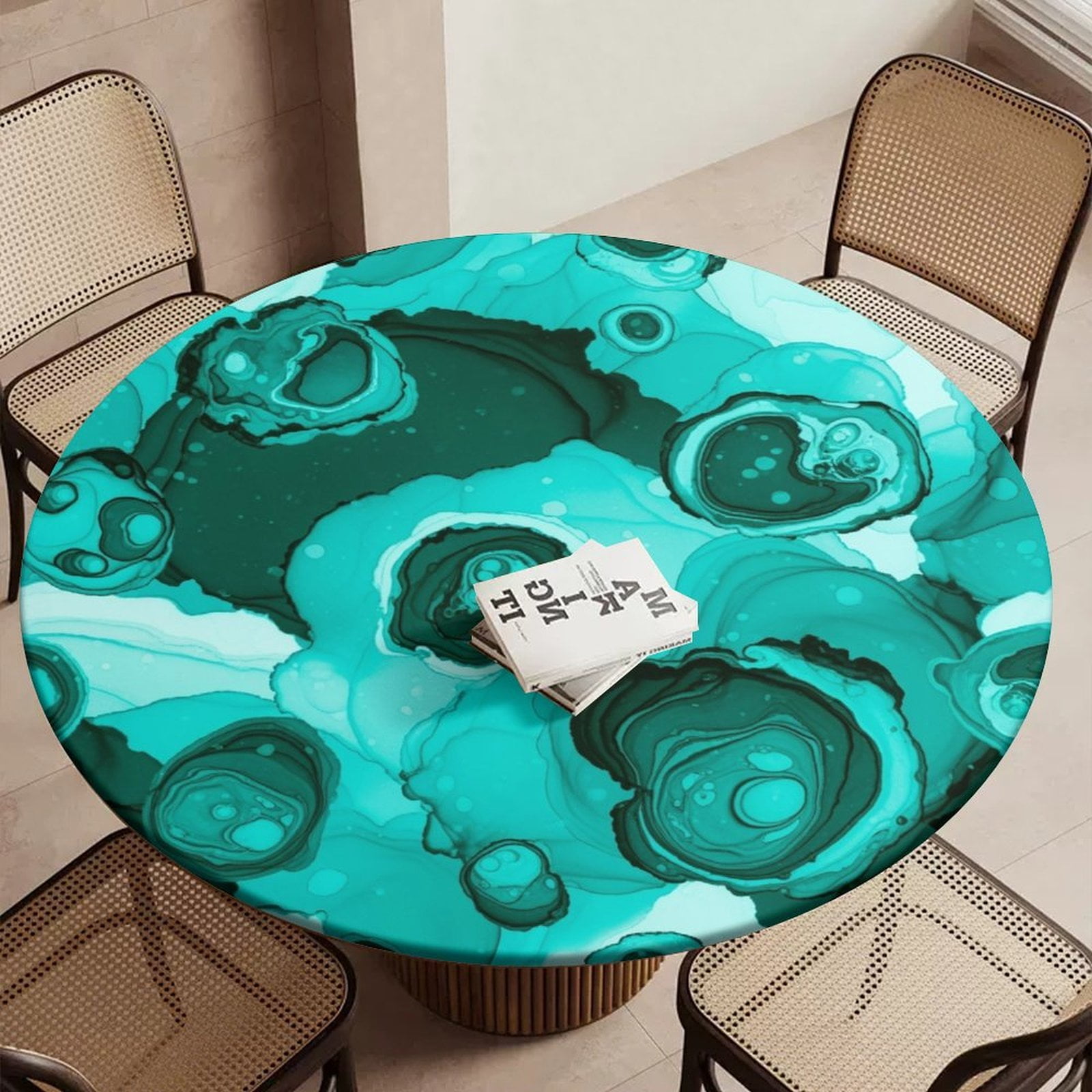 Abstract Teal Marble Print Round Table Cover Kitchen Printed Waterproof ...