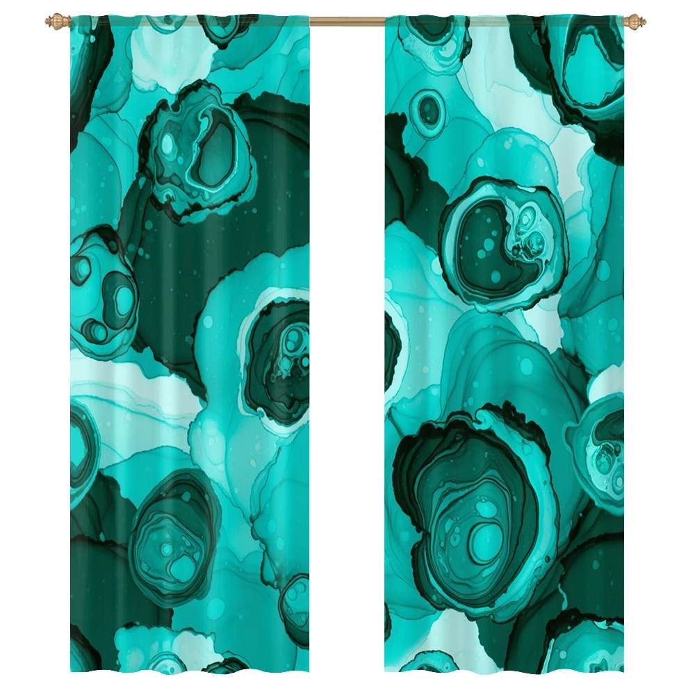 Abstract Teal Marble Print Tulle Curtains For Living Room Chiffon Sheer ...
