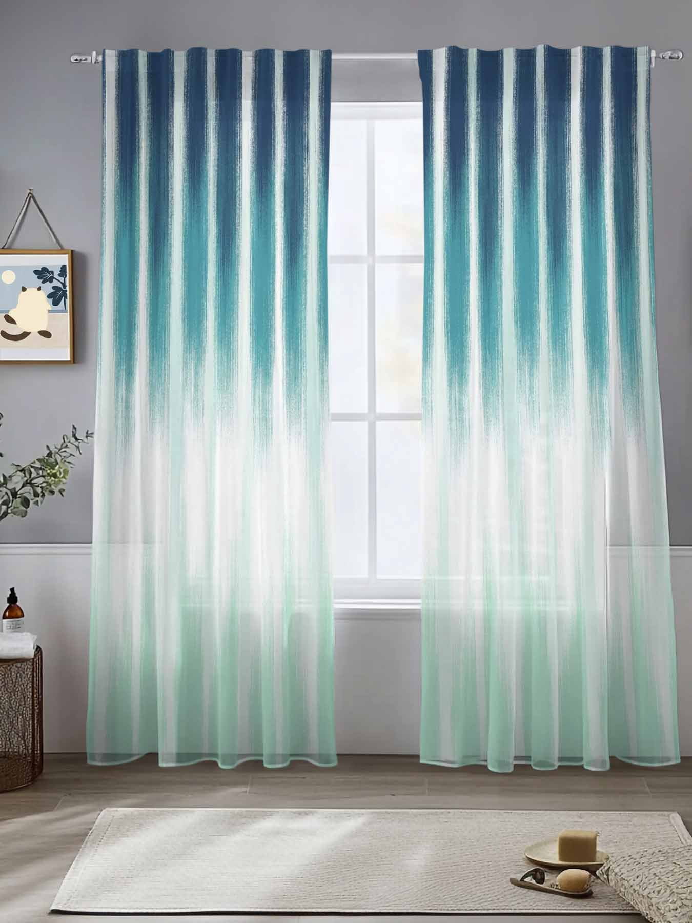Abstract Teal Ombre Color Stripe Chiffon Sheer Curtains 84 Inches Long ...