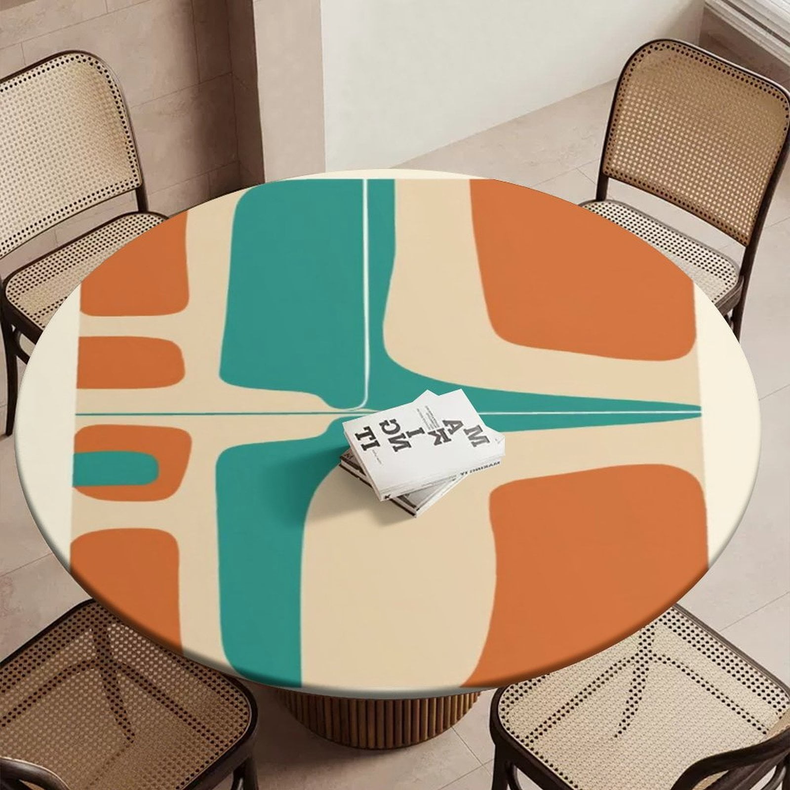 Abstract Teal Orange Artwork Design Round Table Cover Kitchen Printed ...