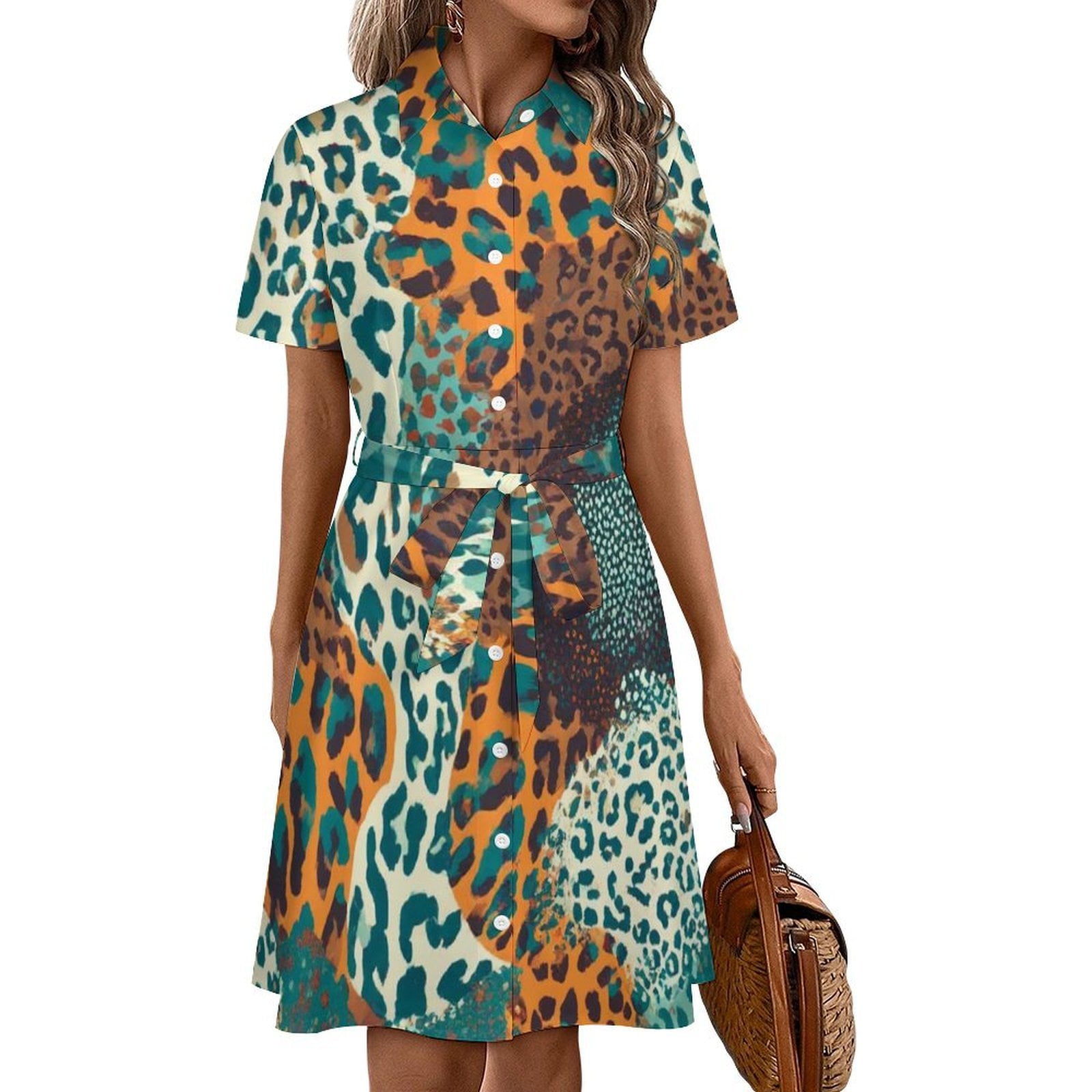 Abstract Teal Orange Leopard Print Womens Shirt Dresses Women'S Short ...