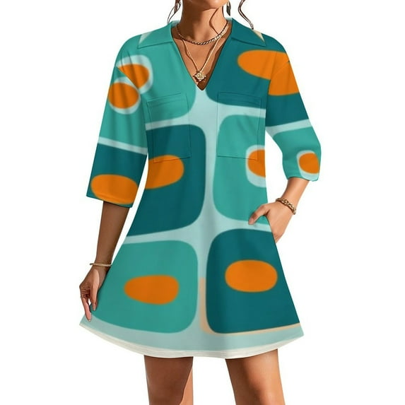 Abstract Teal Orange Shapes Design Womens Dress With Pockets Summer V ...