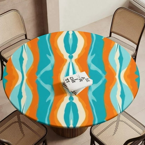 Abstract Teal Orange Wave Pattern Round Table Cover Kitchen Printed ...