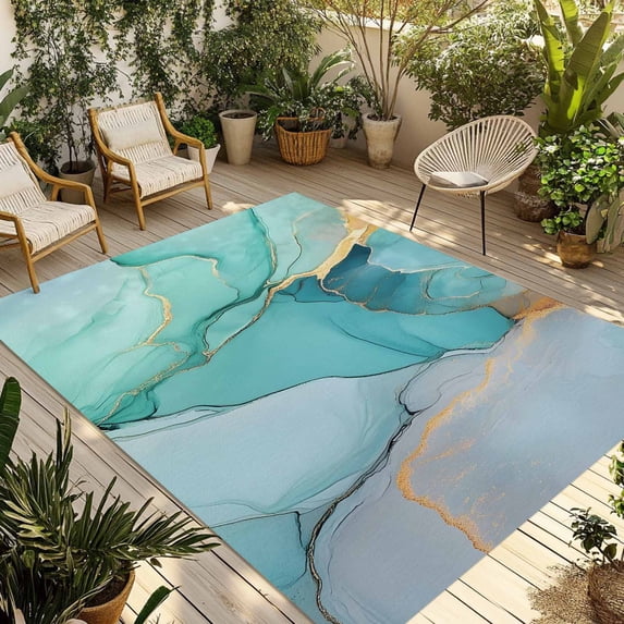 Abstract Teal Outdoor Rug, Aqua Marble Cracks Texture Crystal Modern ...