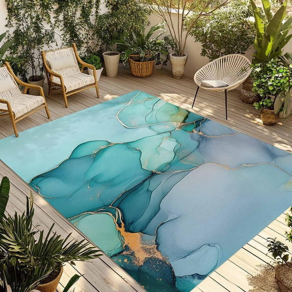 Abstract Teal Outdoor Rug, Blue Gold Marble Natural Stone Cracks Modern ...