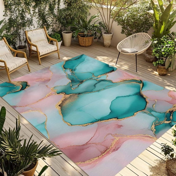 Abstract Teal Outdoor Rug, Pink Fluid Art Marble Stone Texture Modern ...