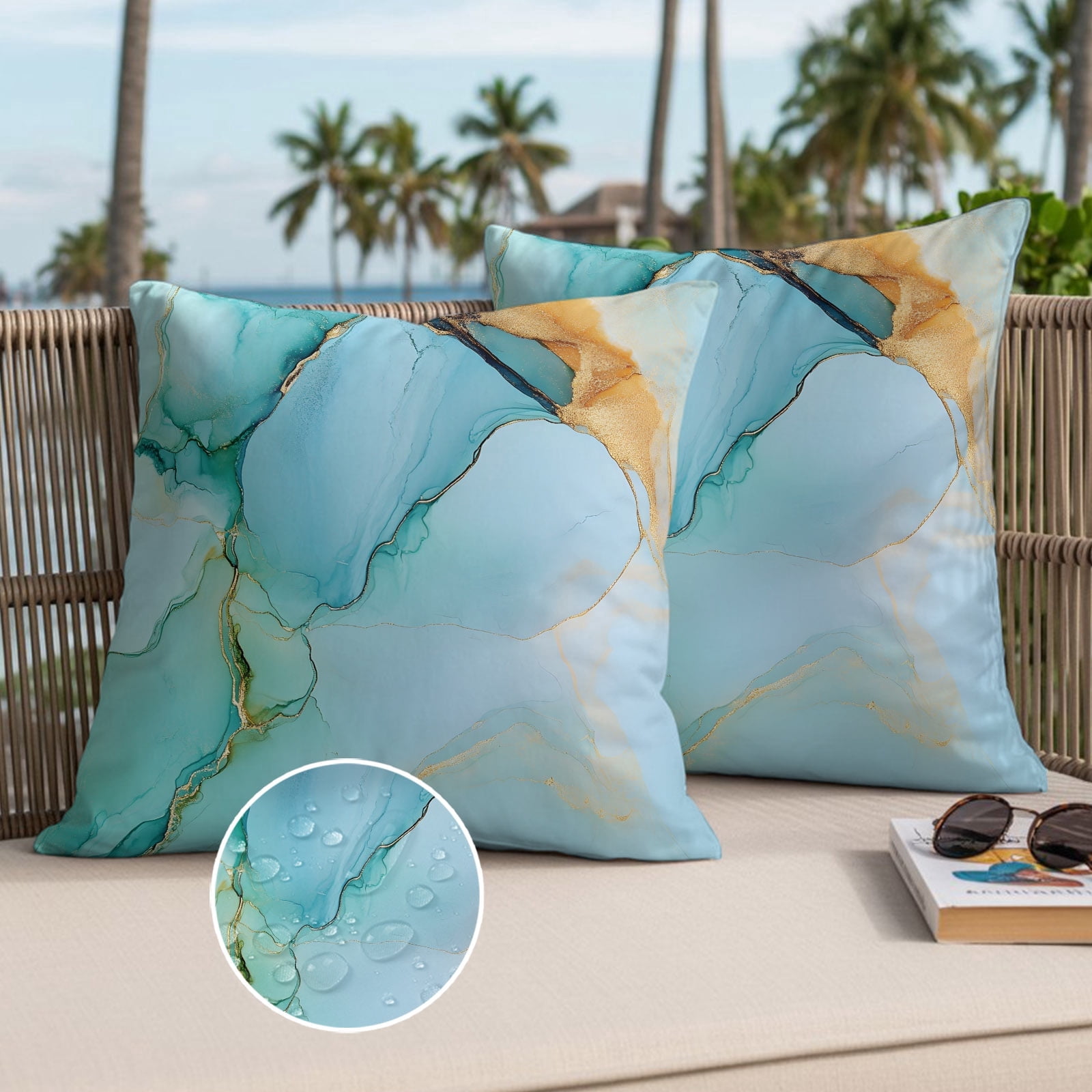 Abstract Teal Outdoor Waterproof Throw Pillow Covers Set of 2, 26"x26 ...